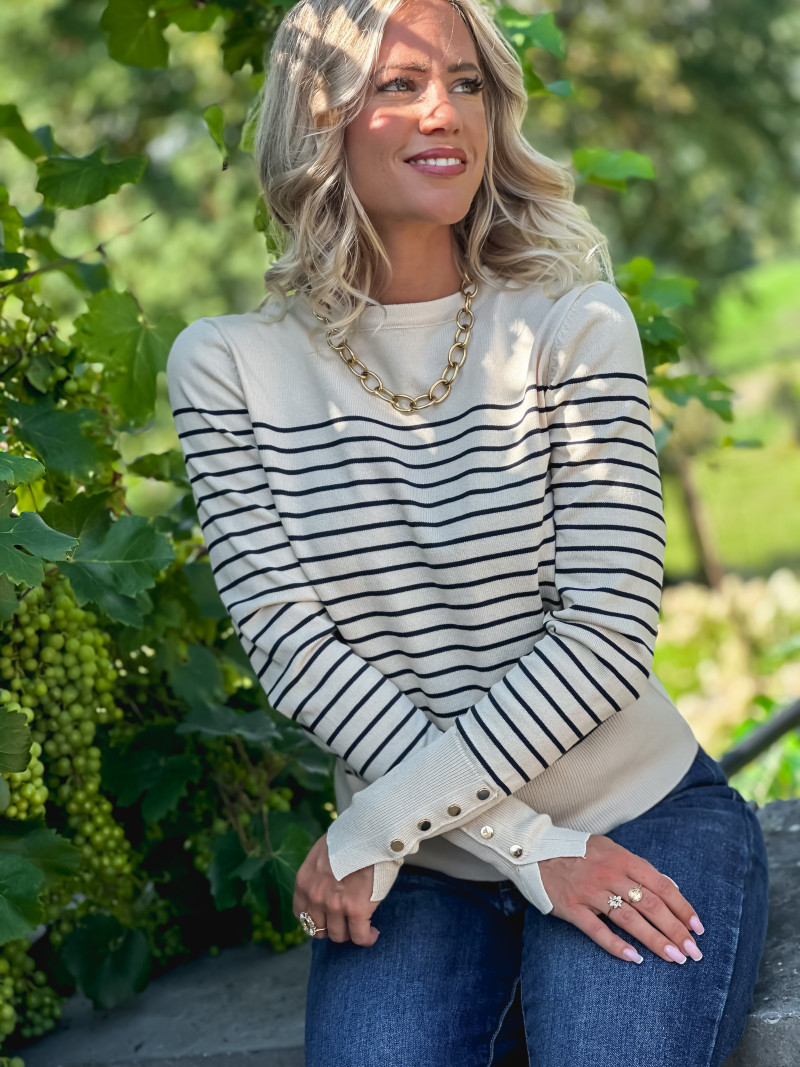 Pull col rond ligné Colleen - Beige/Bleu marine