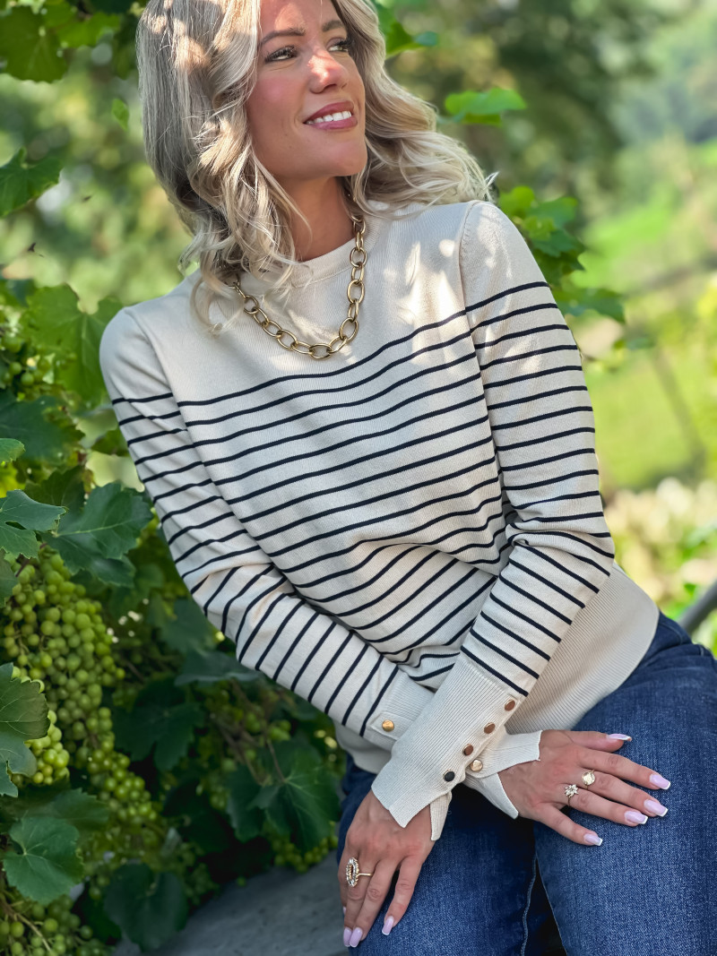 Pull col rond ligné Colleen - Beige/Bleu marine