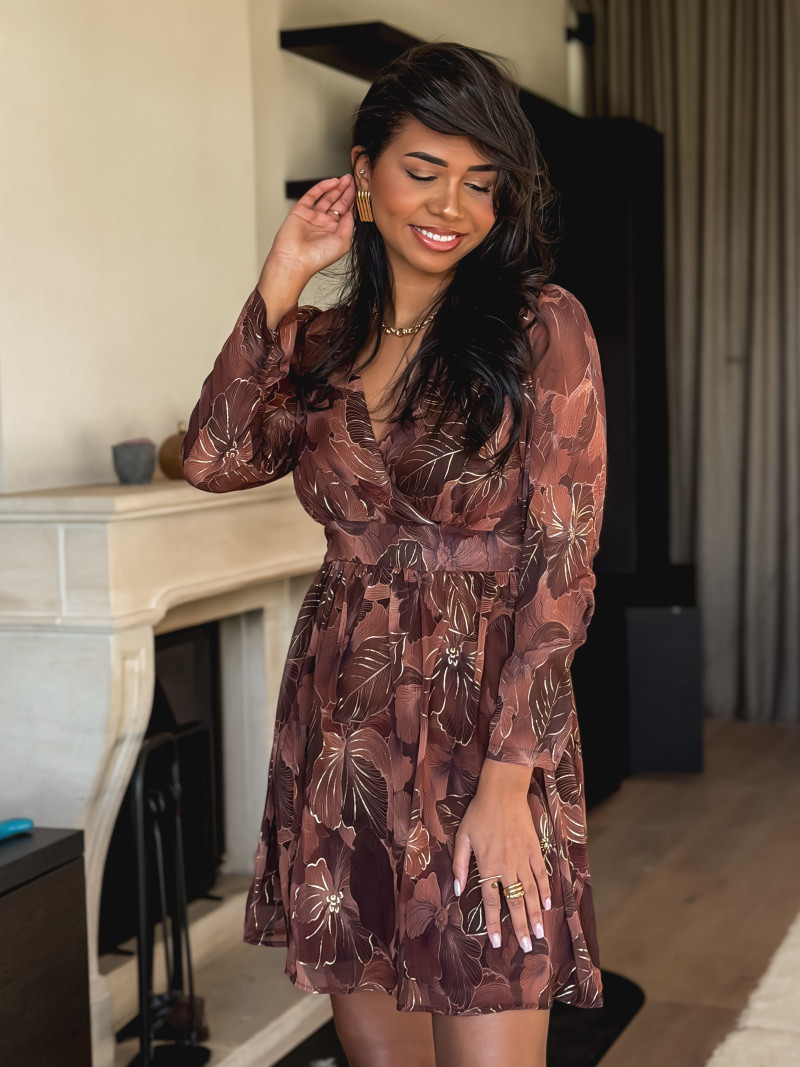 Robe à fleurs Évora - Chocolat/Doré